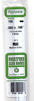 Evergreen 158 Styrene Strip Plastic .060" Thick x .188" 14" Long pkg (9 ...