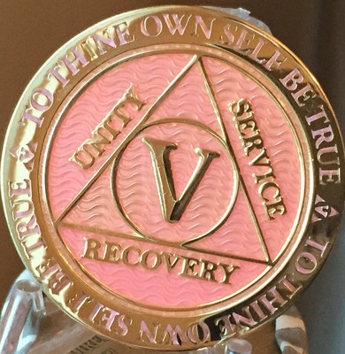 5 Year AA Medallion Pink Gold Plated Alcoholics Anonymous Sobriety Chip ...