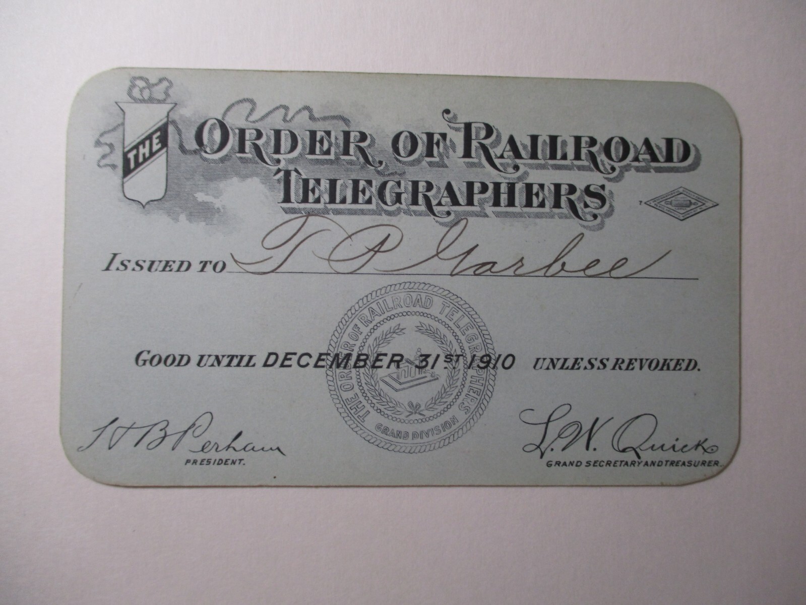 1910 ORDER OF RAILROAD TELEGRAPHERS Employee Pass 5072 | eBay