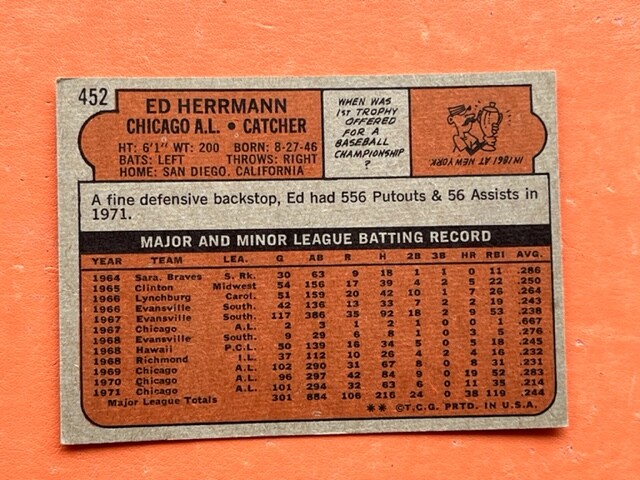 1972 Topps #452 Ed Herrmann Chicago White Sox NR/MINT SHIPS FREE NEW ...