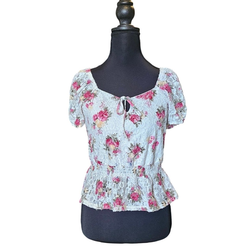Floral Lace Peplum Peasant Y2K Style Cropped Top Romantic Cottagecore ...