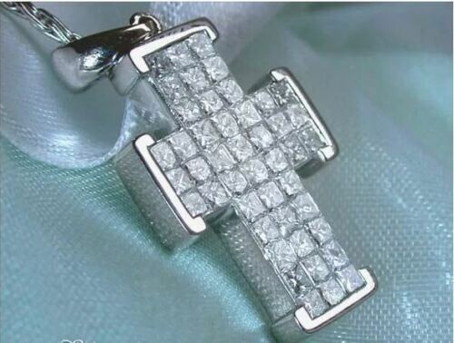 2Ct Lab Created Diamond Princess Cross Pendant 14K White Gold Silver ...