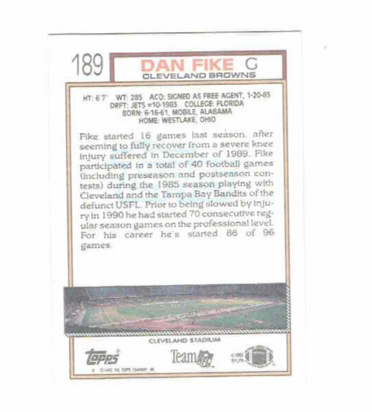 Dan Fike Cleveland Browns G #189 Topps 1992 Football Card | eBay