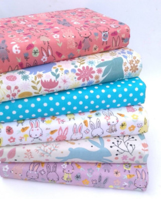 EASTER BUNNY RABBITS POLY COTTON CRAFT FABRIC BUNDLE SQUARES & FAT ...