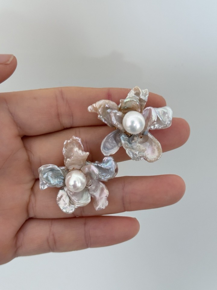 Handmade Rose Model Natural Keshi Pearl Earrings with S925 Silver ...