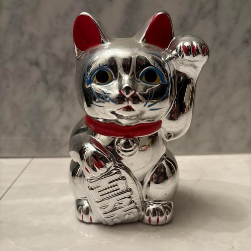 Vintage Silver Maneki Neko – 1980s Lucky Cat with Raised Left Paw, 14 ...