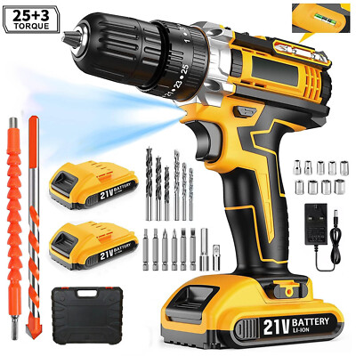 2 Battery 21V Cordless Drill Combi Driver High Power Electric ...