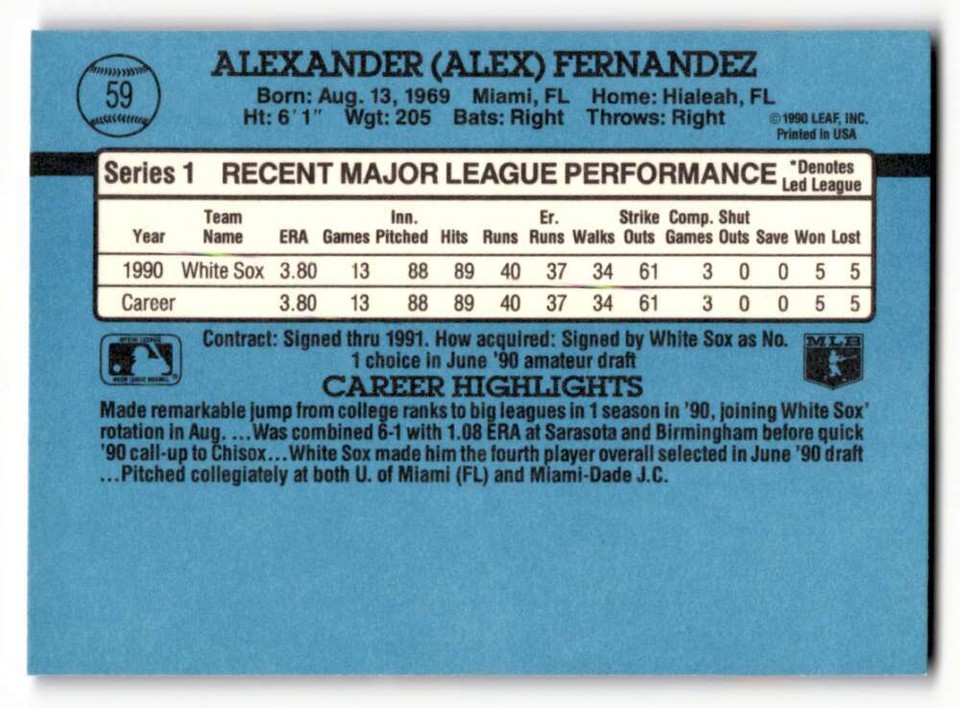 1991 Donruss #59 Alex Fernandez Chicago White Sox Baseball Cards EX/ ID ...