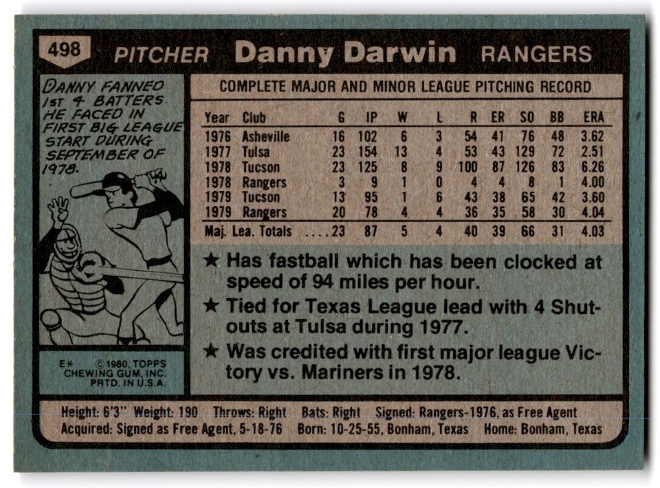 1980 Topps Danny Darwin Texas Rangers #498 | eBay