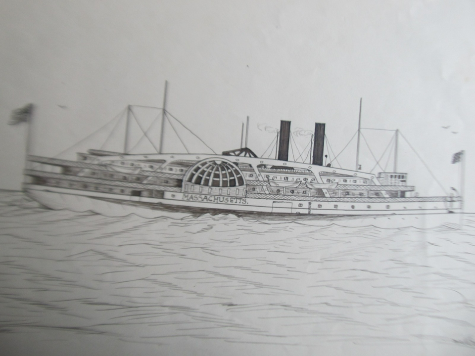 1905 Pen/Ink HAND DRAWING, Cape Cod, Long Island Steamship ...