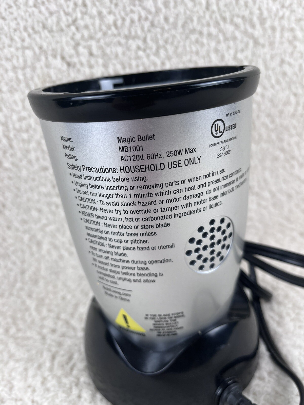 Magic Bullet Model MB1001 Blender Motor Base ONLY Replacement Silver ...