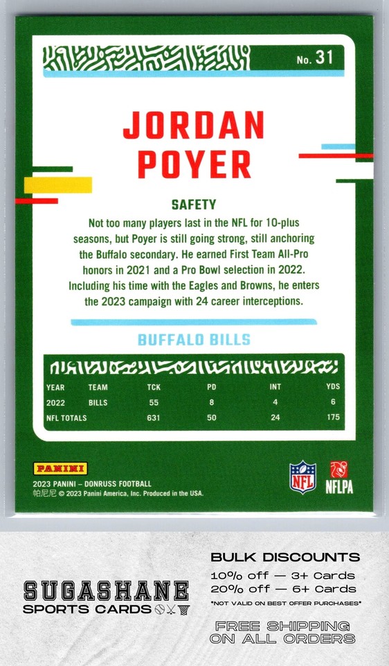 2023 Donruss 31 Jordan Poyer Buffalo Bills Football Card | eBay