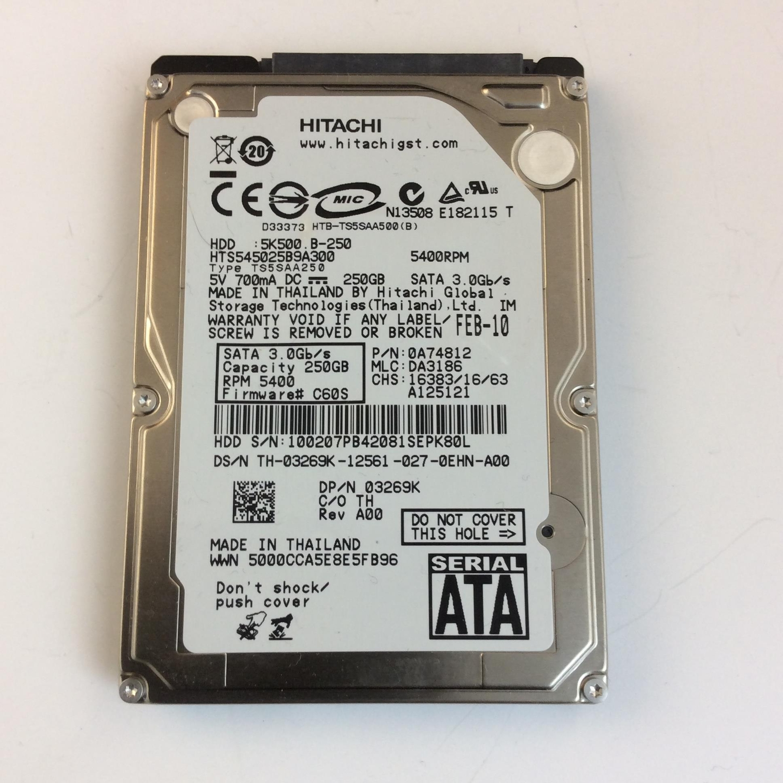 Hitachi HTS545025B9A300 P/N 0A74812 MLC DA3186 Laptop 250GB 2.5" SATA ...