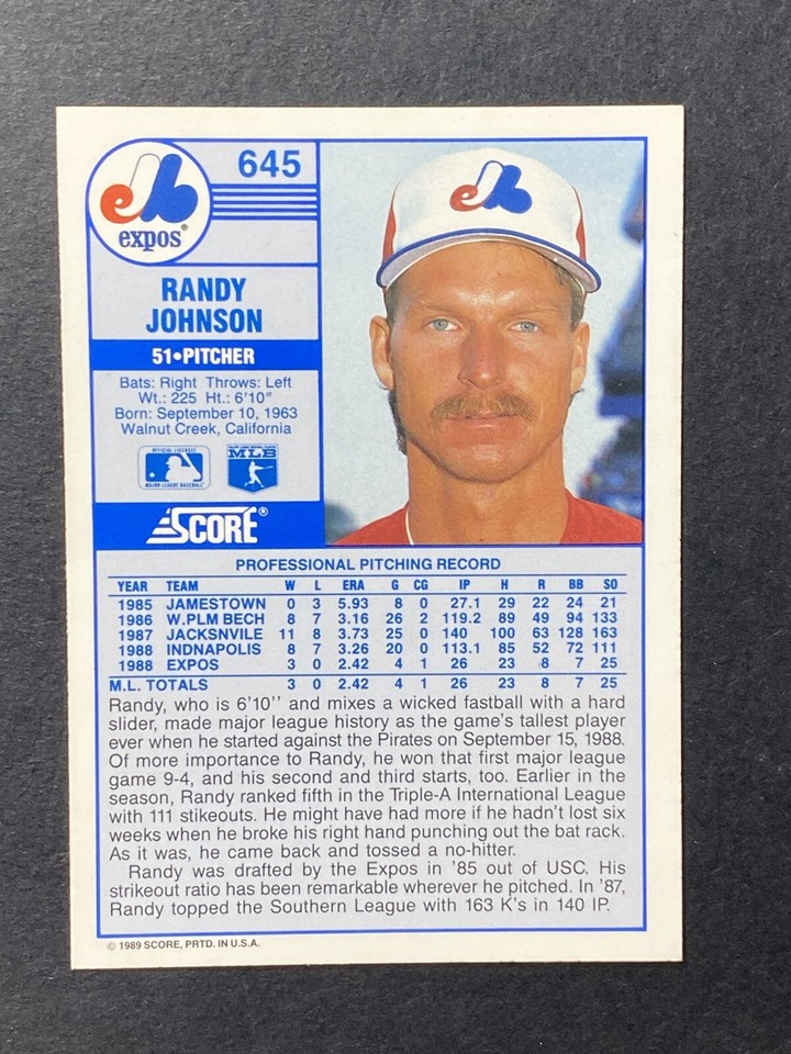 1989 Score Randy Johnson Rookie Card RC #645 Montreal Expos | eBay