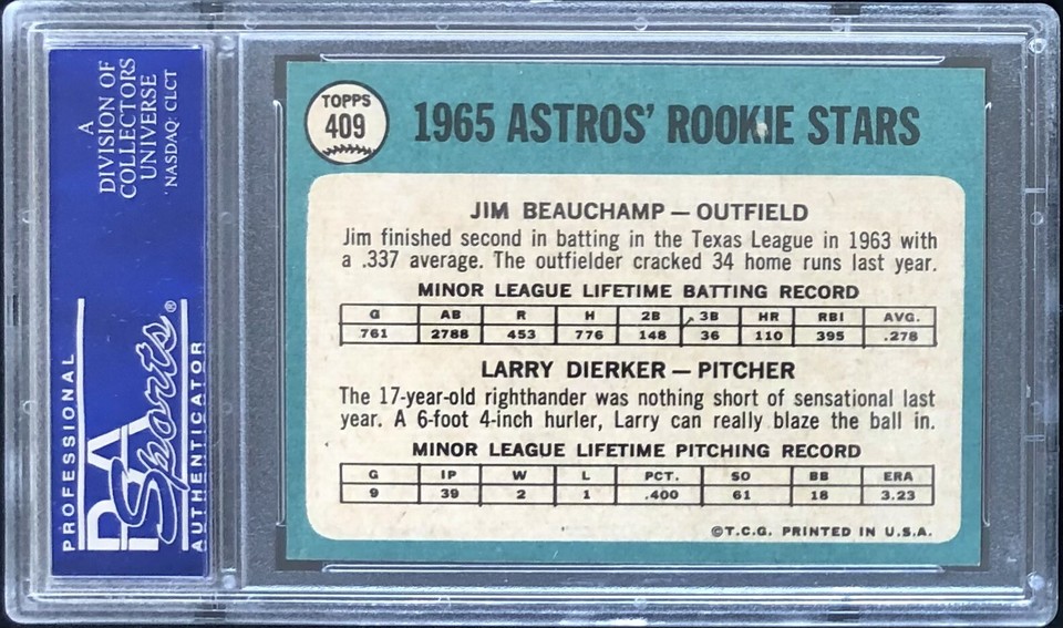 1965 TOPPS #409 ASTROS ROOKIE STARS JIM BEAUCHAMP & LARRY DIERKER PSA 8 ...