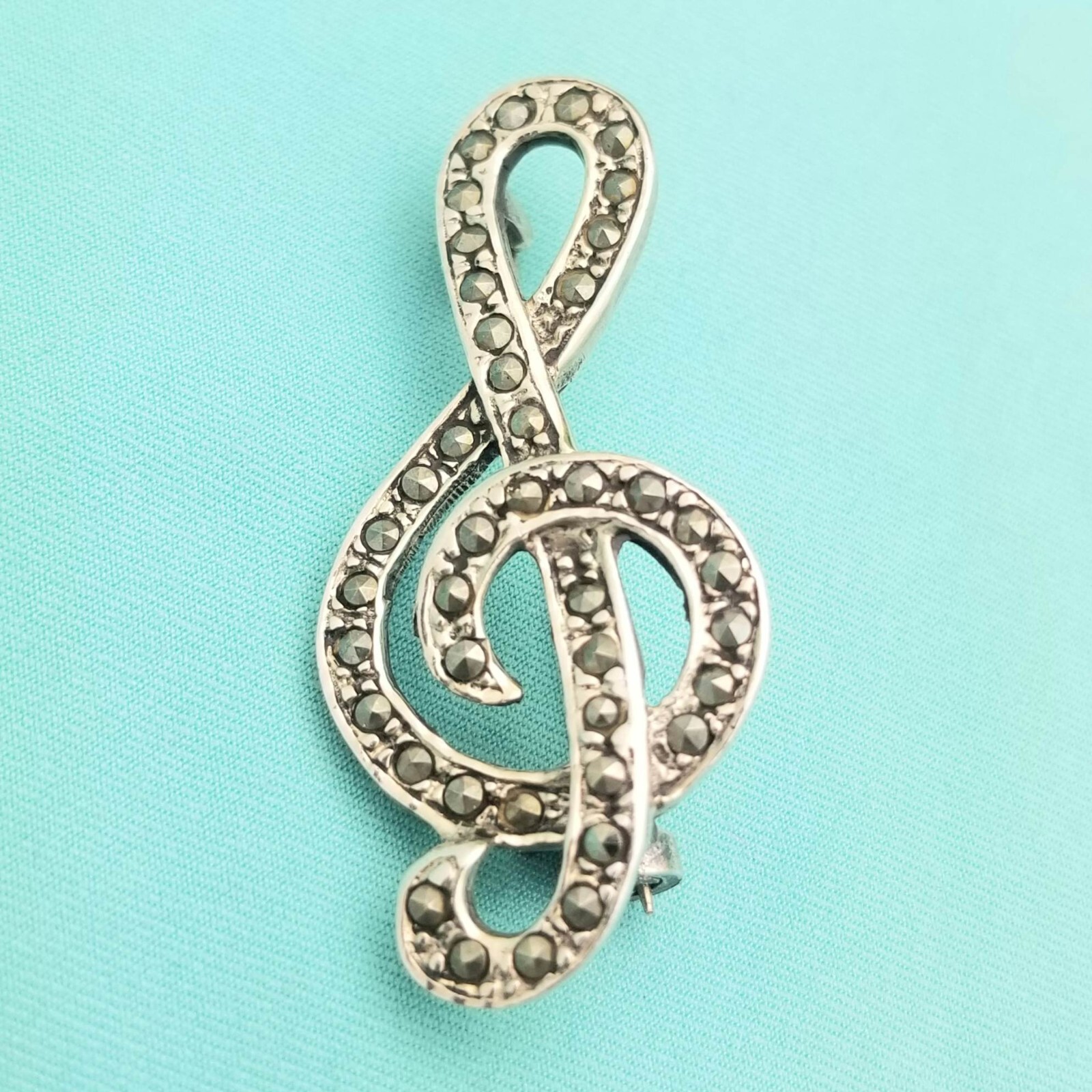 Silver and Marcasite Treble Clef Music Note Pin-925-Sterling-1.5'' Long ...
