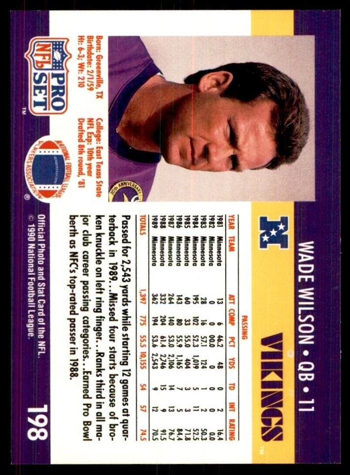 1990 Pro Set Wade Wilson Football Cards #198 | eBay