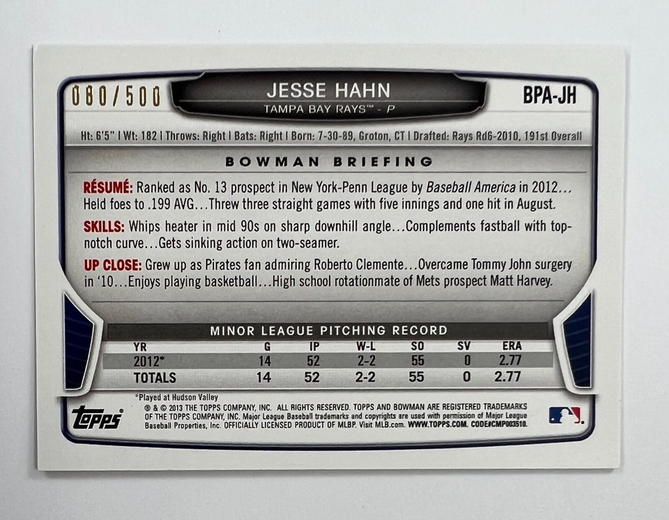 2013 Bowman #BPA-JH Jesse Hahn Auto Card 80/500 AR55 | eBay