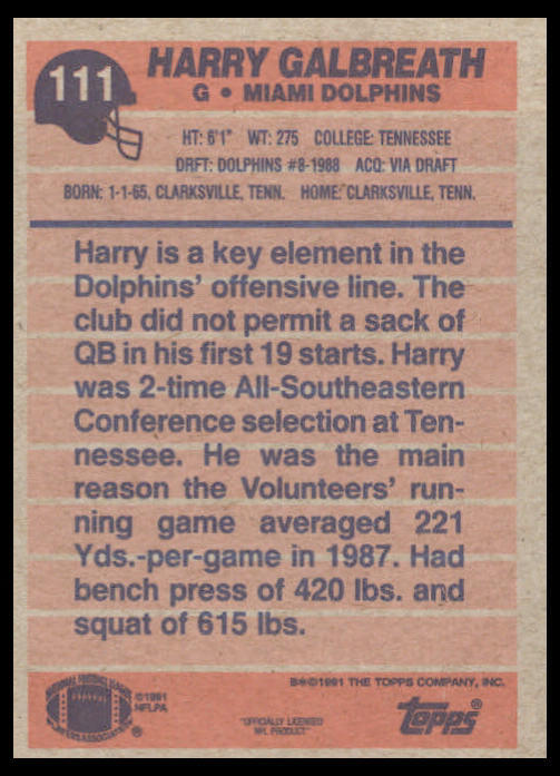 1991 Topps #111 Harry Galbreath Miami Dolphins Football Card | eBay