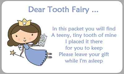 Tooth Fairy Stickers Kid's Labels Fairy Poem Fun Dentist Lost Tooth Bag ...