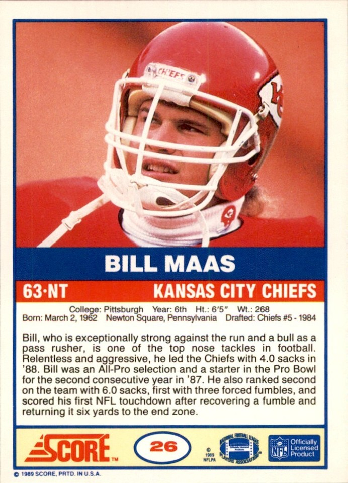 1989 Score Bill Maas Kansas City Chiefs #26 | eBay