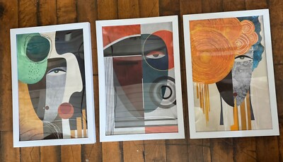 Trio of Framed Abstract Face prints ready to hang NEW shipping included ...