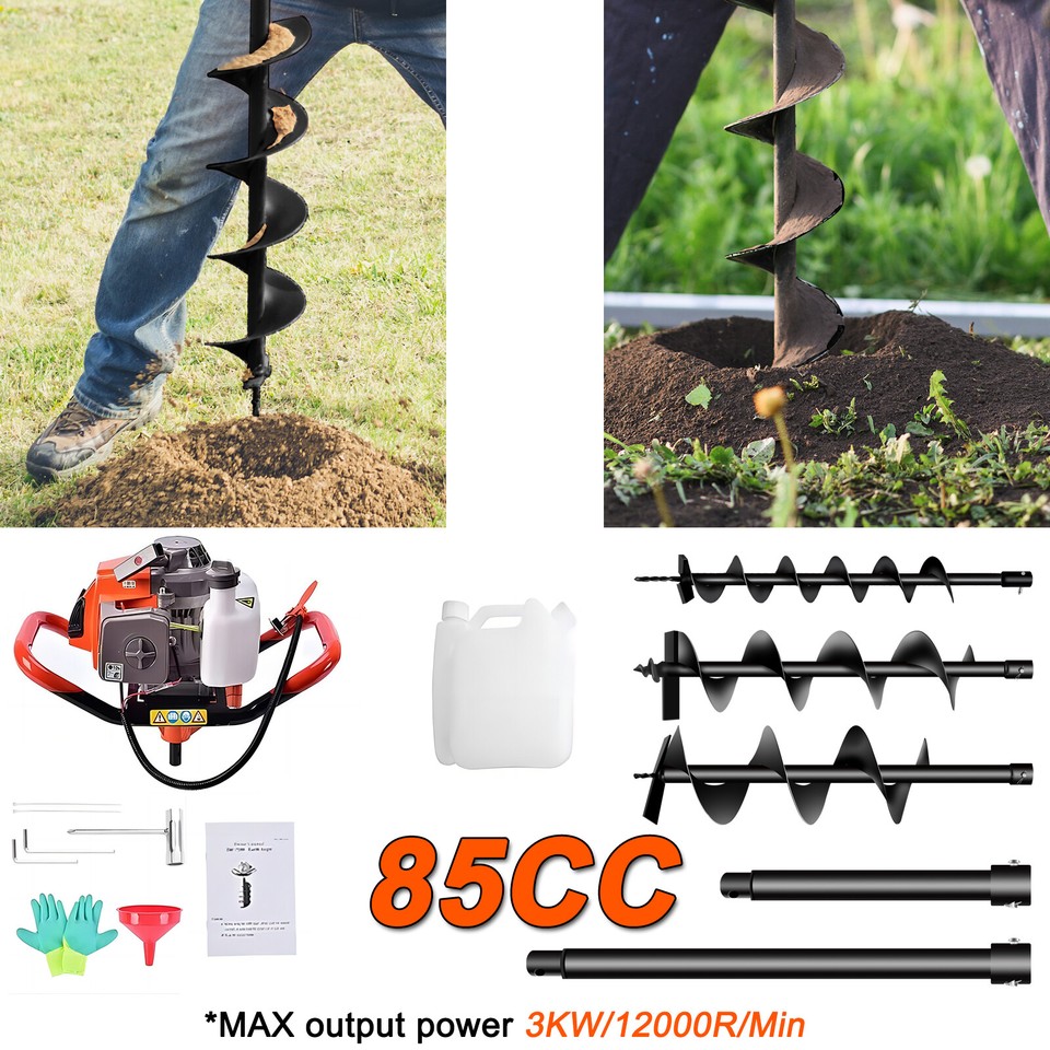 85CC Post Hole Digger Gas Powered 3KW w/ 3 Auger Sizes & 2 Rods for ...