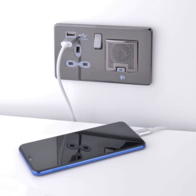 Slimline Screwless 2 gang 13A switched socket with USB and Bluetooth ...