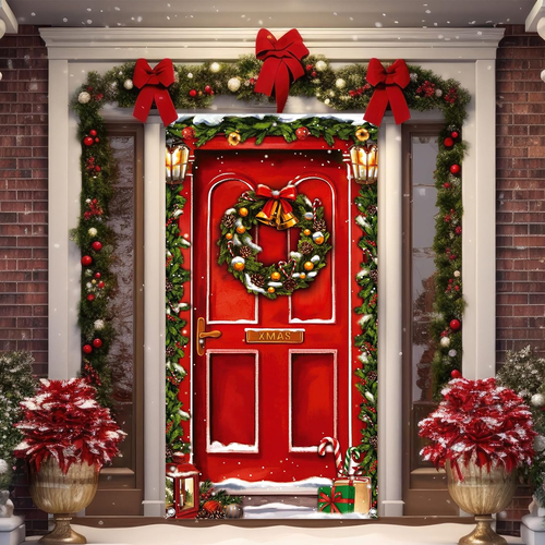 Christmas Door Cover Decoration Merry Christmas Red Door Cover Backdrop ...