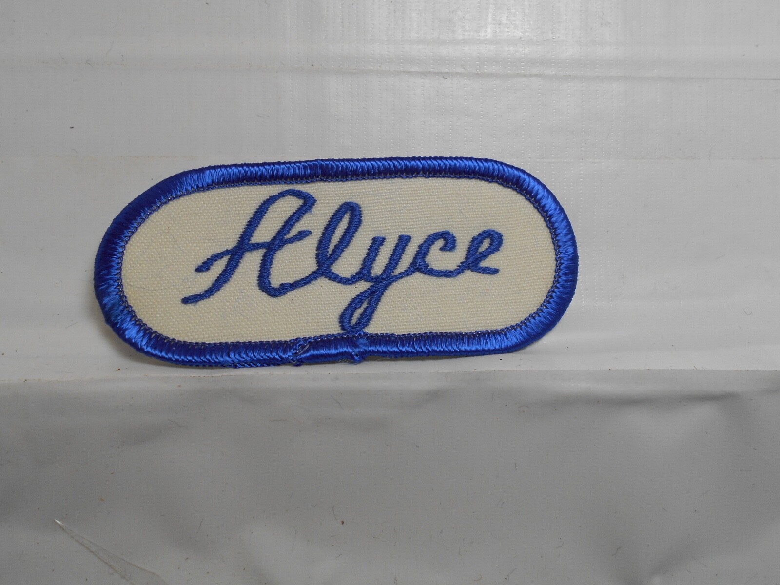 ALYCE USED EMBROIDERED VINTAGE SEW ON NAME PATCH TAGS BLUE ON GREY | eBay