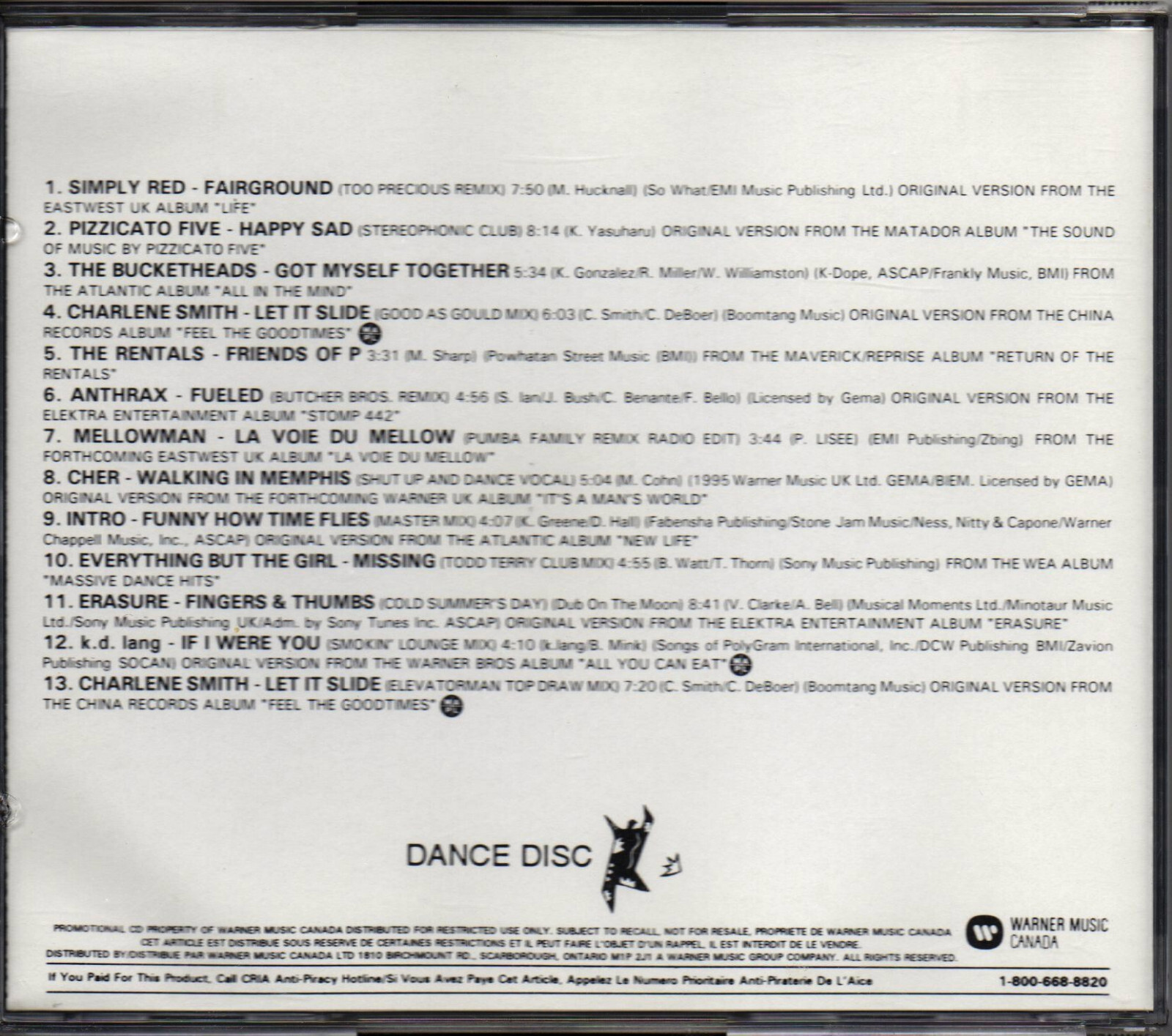 Warner Canada Dance Disc Promo 30 Rare Edits & Mixes Anthrax, Erasure ...