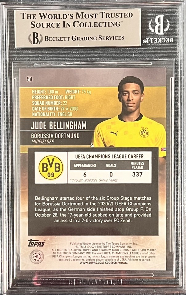 JUDE BELLINGHAM 2020-21 TOPPS STADIUM CLUB CHROME ROOKIE SOCCER BECKETT ...