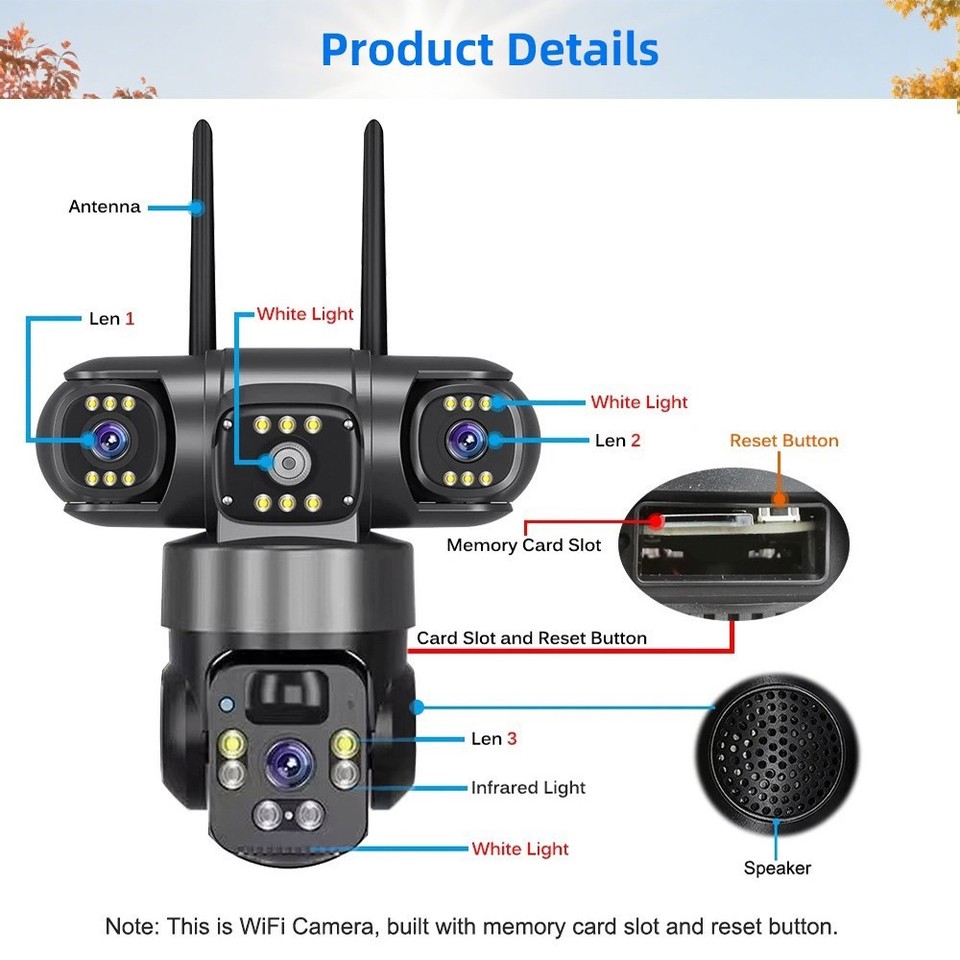 2x 3 Lens 12MP Solar Battery Home Security Camera Outdoor Wifi Wireless ...