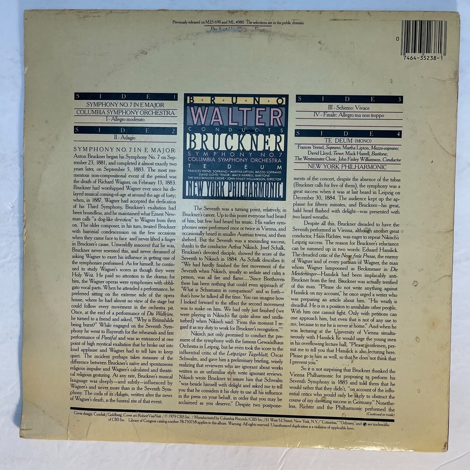 Bruno Walter – Bruno Walter Conducts Bruckner Vinyl, LP 1979 Odyssey ...