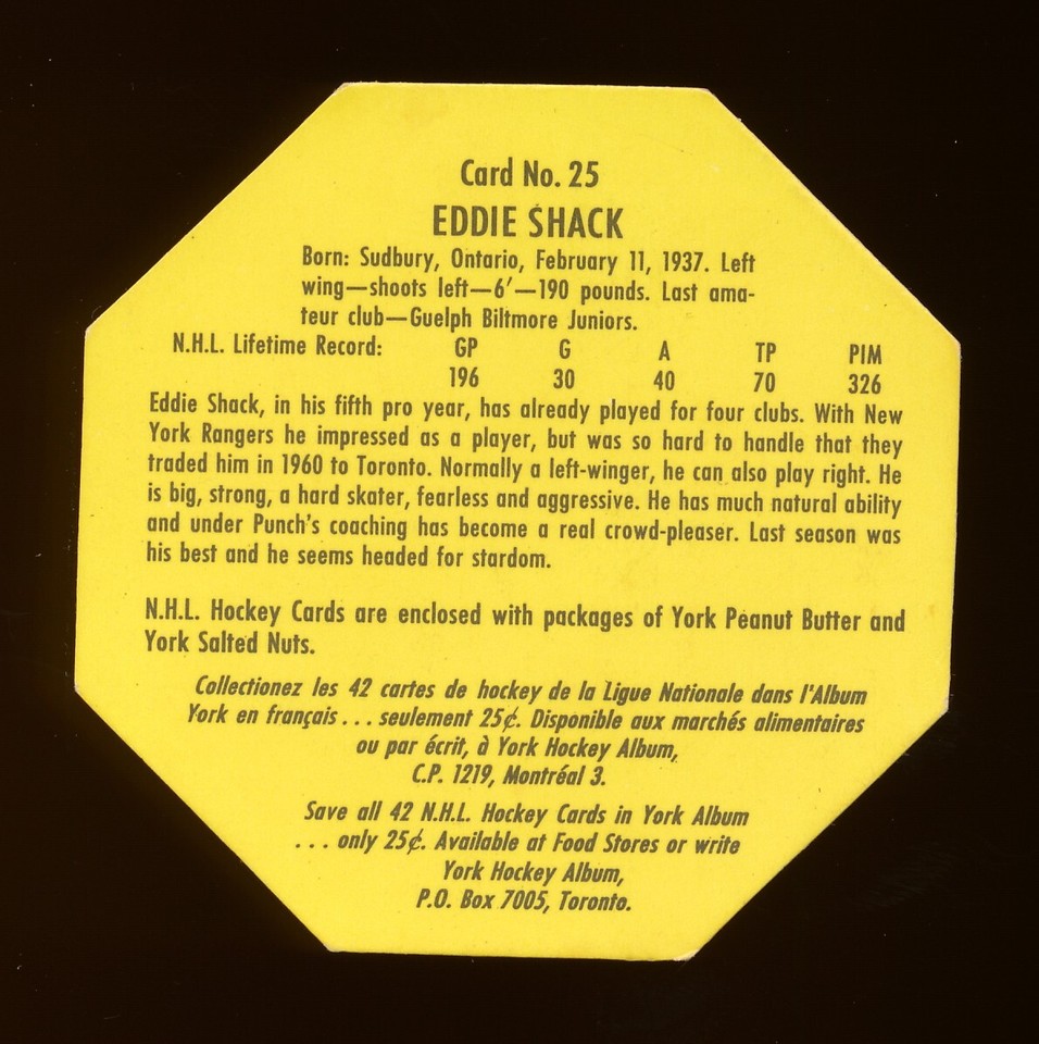 1961-62 York peanut butter #25 Eddie Shack Hockey Card AB-1801 | eBay