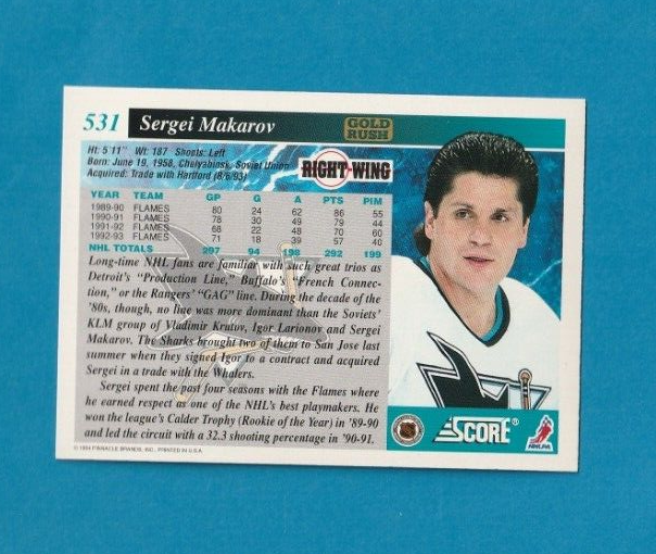 1993-94 Score Hockey GOLD RUSH parallel # 531 Sergei Makarov SAN JOSE ...