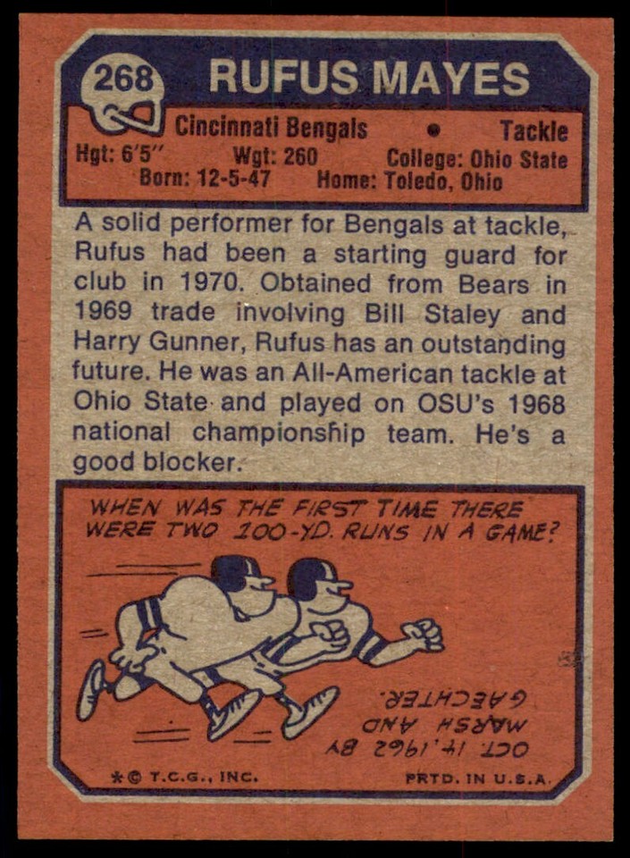 1973 Topps Rufus Mayes . Rookie Cincinnati Bengals #268 | eBay