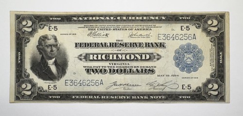 1918 $2 Federal Reserve Bank Note Richmond, Virginia Battleship Fr.761 ...