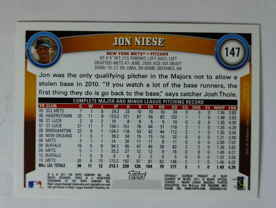 2011 Topps #147 Jon Niese New York Mets | eBay