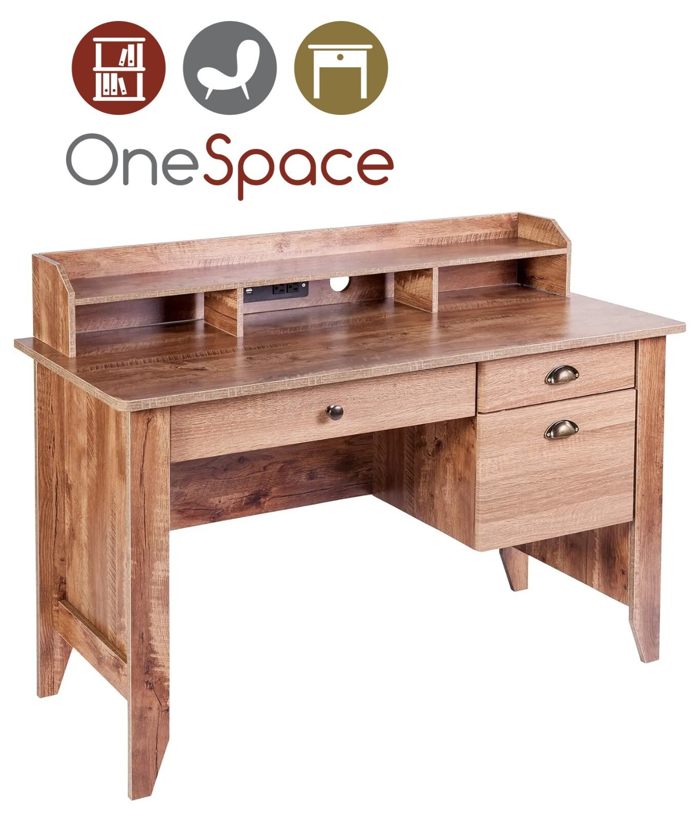 OneSpace Eleanor Executive Desk Classic Oak 3- Drawer built-in USB ...