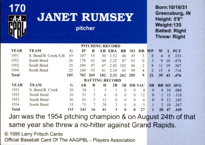 1995-96 Fritsch AAGPBL #170 Janet Jan Rumsey South Bend Blue Sox Signed ...