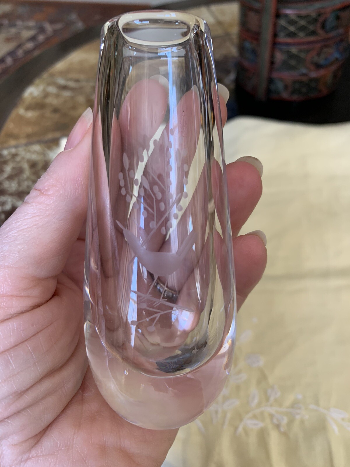 Vintage Signed Orrefors Crystal Glass Etched Bird Flower Bud Vase 4.5 ...