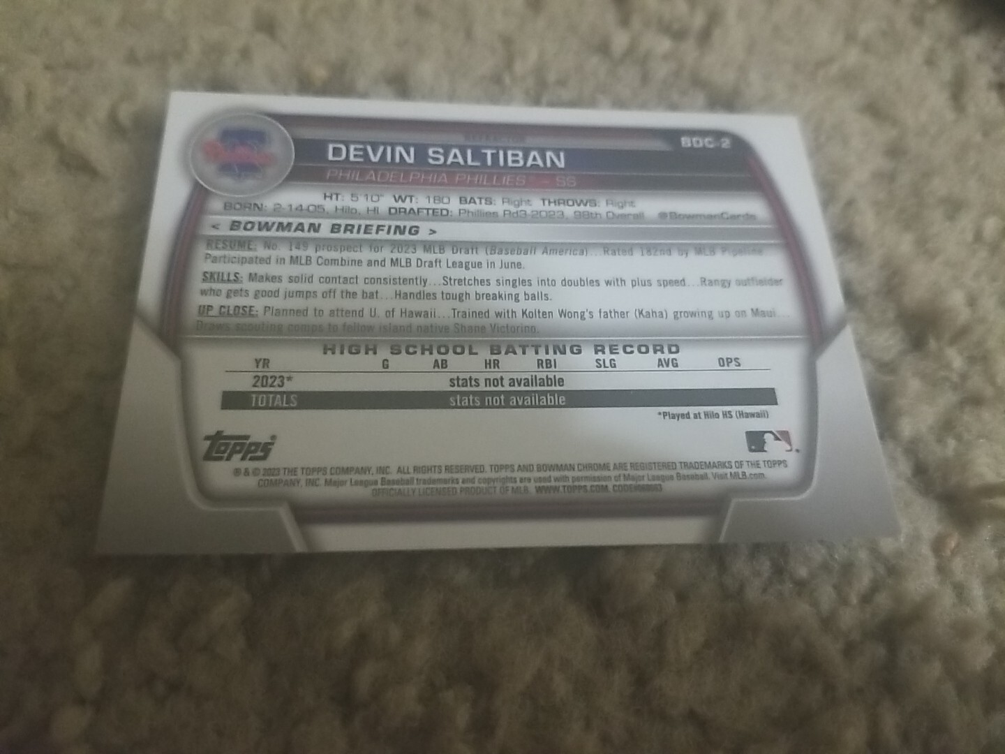 DEVIN SALTIBAN 2023 BOWMAN DRAFT CARD BDC-2 PHILLIES (FIRST ROOKIE ...