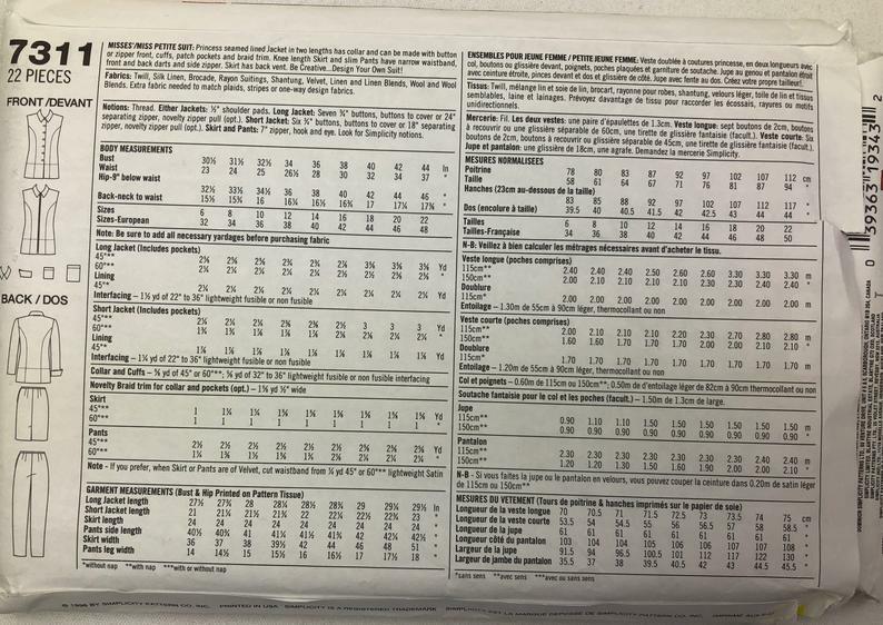 SIMPLICITY 7311 MISSES' 18-20-22 JACKETS, PANTS, SKIRTS SEWING PATTERN ...