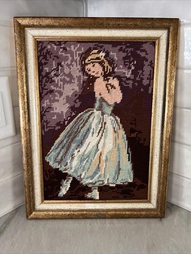 Vintage Needlepoint Ballerina Dancer Girl Brunette Completed Framed no ...