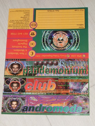 ANDROMEDA CLUB PANDEMONIUM RAVE FLYER BIRMINGHAM 1993 DANCE MEMORABILIA ...