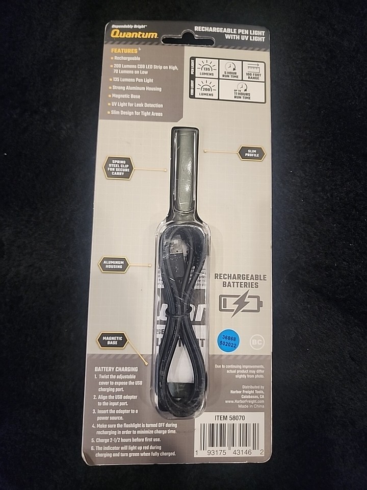 Quantum Rechargeable LED Pen Light Flashlight 100’ Range w/UV Light 200 ...