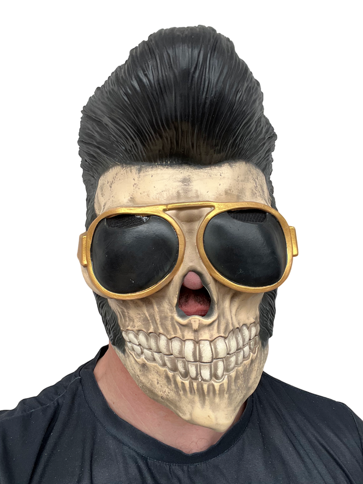 Dead Elvis Skull Mask Black Quiff Rock N Roll Teddy Boy Gold Glasses ...