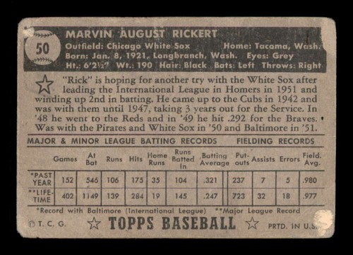 1952 Topps #50 Marv Rickert FAIR X3233926 | eBay