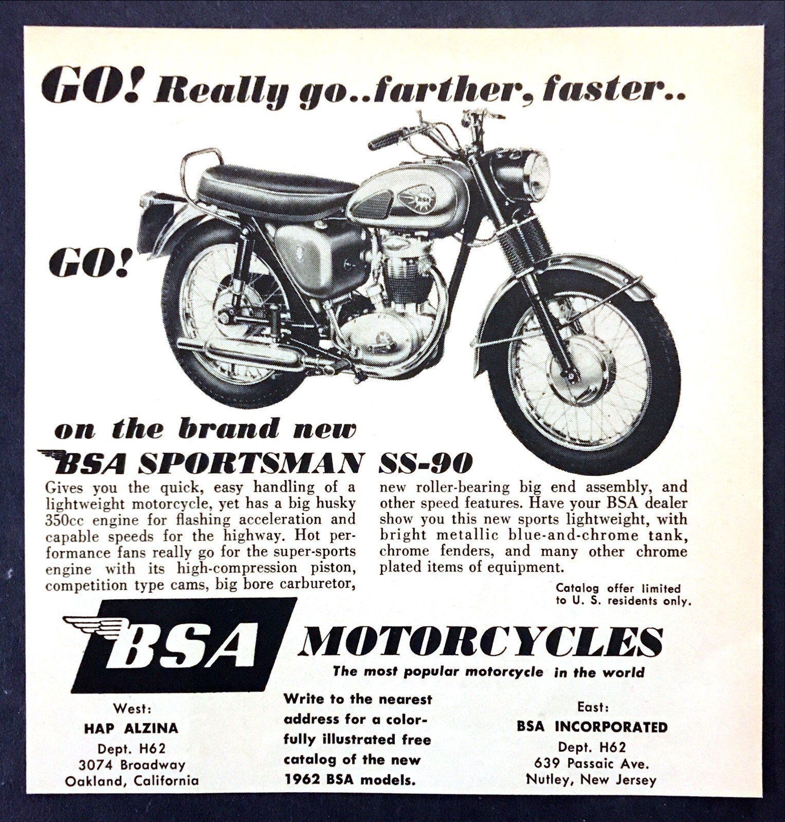 1962 BSA Sportsman SS-90 Motorcycle photo "Go Farther & Faster" vintage ...